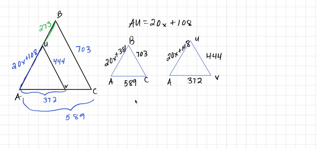SOLVED: Given that the two triangles are similar, solve for x if AU ...