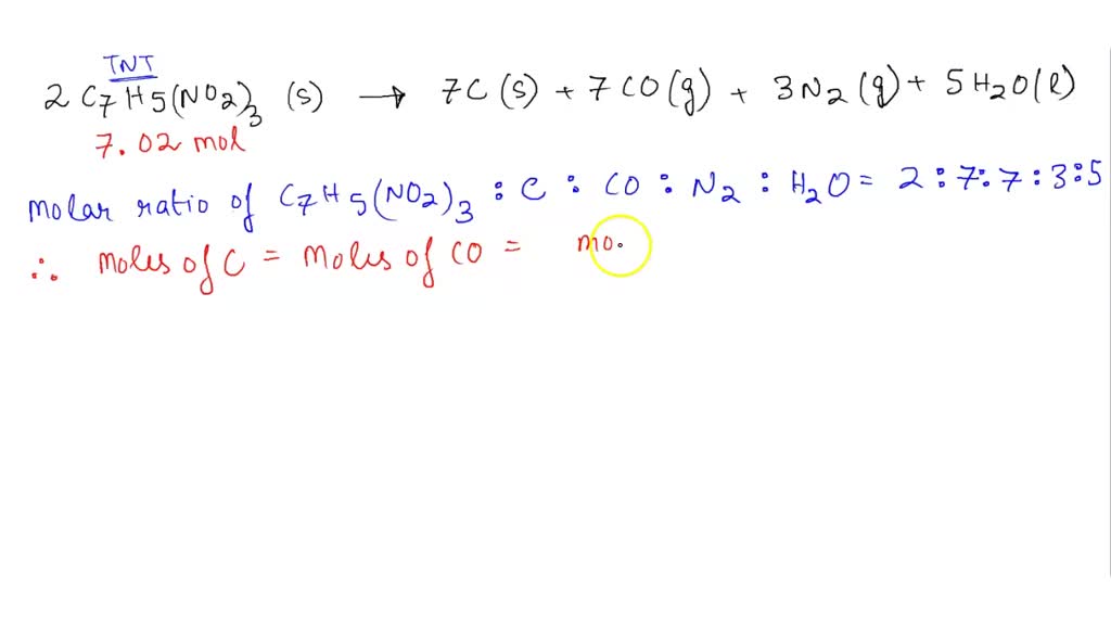 SOLVED: The balanced equation for the decomposition of TNT, C7H5(NO2)3 ...