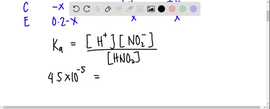 SOLVED: Calculate the pH of a 0.2 M HNO2 solution (Ka = 4.5 * 10^-5).