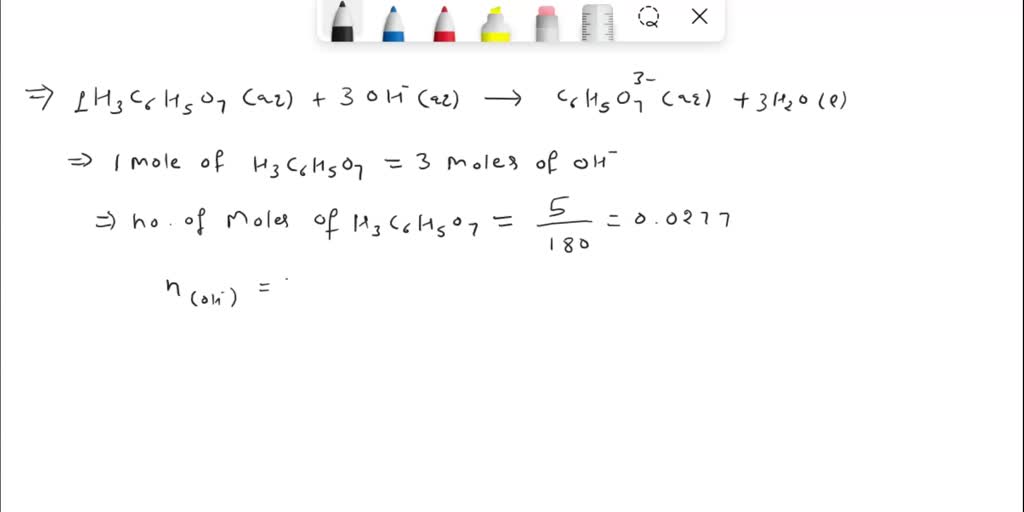 SOLVED: Five grams of citric acid (MM=192.1 g/mol) are dissolved in 100 ...