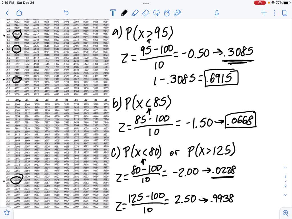 SOLVED: Given a normal distribution with μ=100 and σ=10 A. What is the probability that X>95 ...