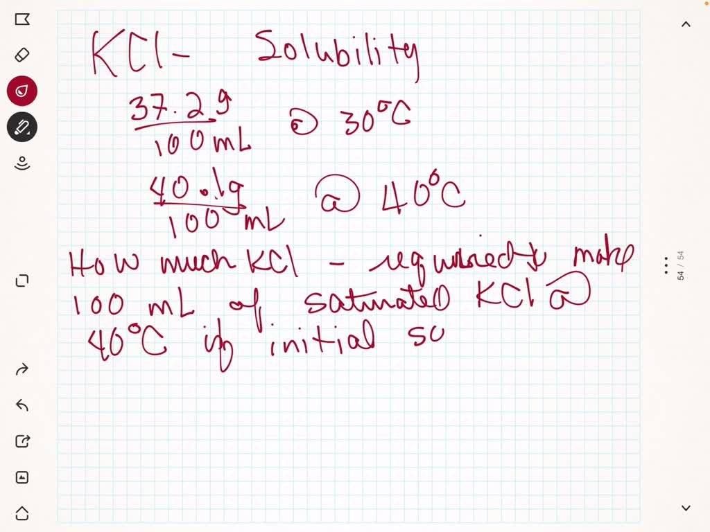 SOLVED: The solubility of potassium chloride in water is 37.2 g per 100 ml of water at 30 ...
