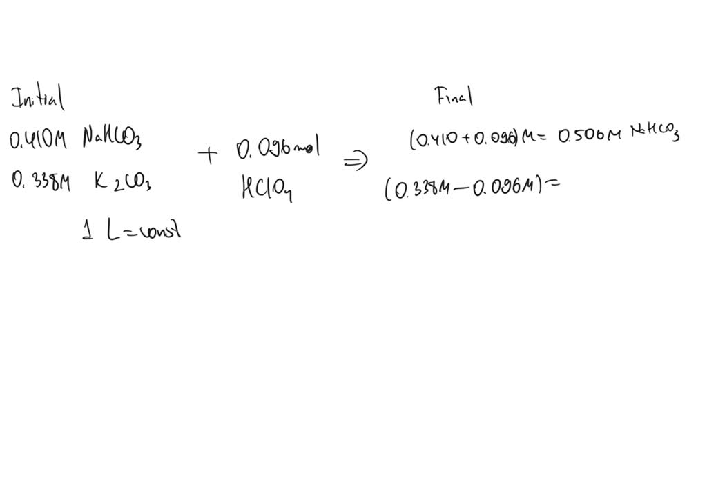 SOLVED: A buffer solution contains 0.410 M NaHCO3 and 0.338 M K2CO3. Determine the pH change ...