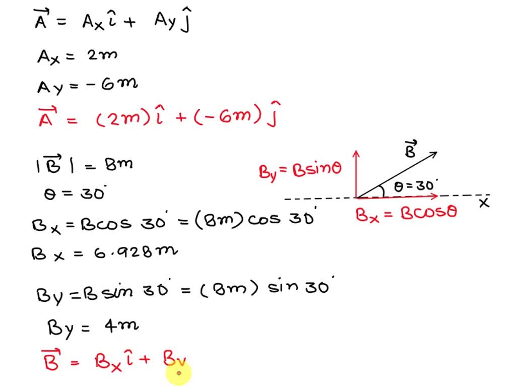 SOLVED: Vector A⃗ has components Ax = 2 m and Ay = -6 m. Vector B⃗ has a magnitude of 8 m and ...