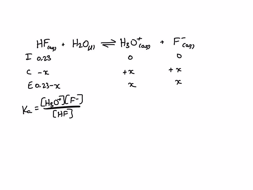 SOLVED: Calculate the pH of a solution of 0.23 M HF solution. The Ka for HF is 7.2 x 10-4.