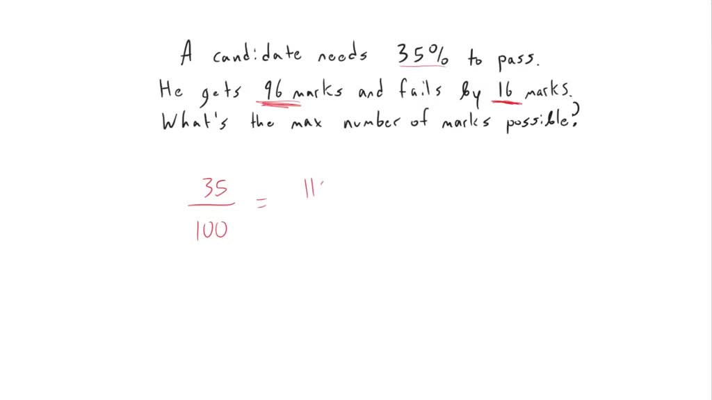 SOLVED: A candidate needs 35% marks to pass . If he gets 96 marks ...