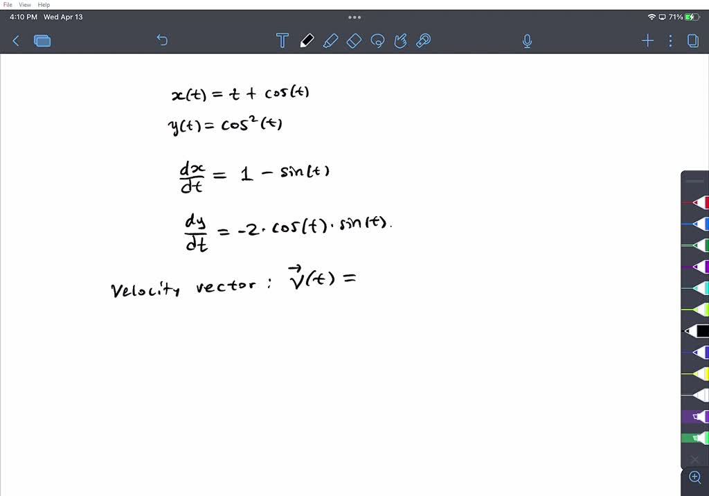 SOLVED: A particle moves according to the parametric equations x=t+cos t, y =cos ^2 t . Find the ...