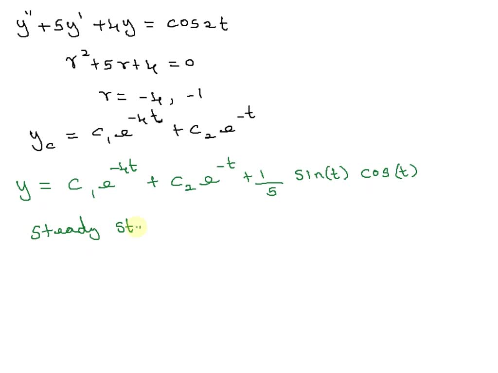SOLVED: 3.a) Find the steady-state solution to the differential equation y + 5y' + 4y = cos 2t ...