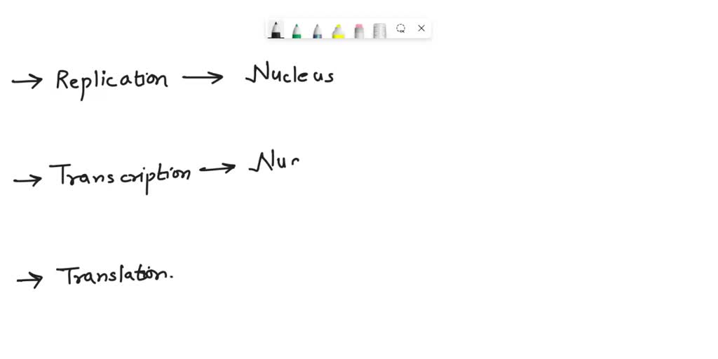 SOLVED: Replication Transcription Translation For each step, Where ...