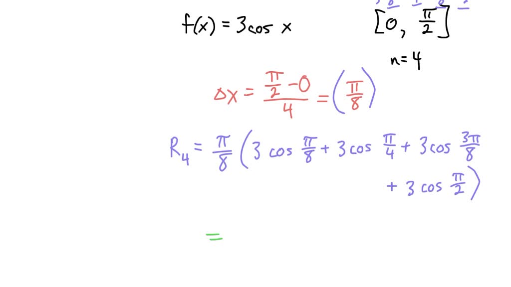 SOLVED: Estimate the area under the graph of f(x) = 3cos(x) from x = 0 to x = t/2 using four ...