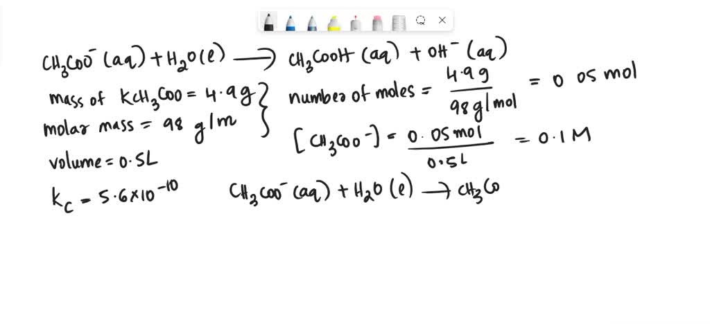 A sample of potassium acetate, KCH3CO2 (M=98), with a mass of 4.9 g is ...
