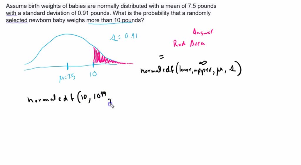 SOLVED: Assume birth weights of babies are normally distributed with a mean of 7.5 pounds with a ...