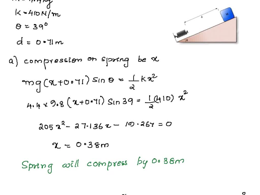 SOLVED: Problem II: A block of mass 0.4 kg is sitting on a frictionless ramp with a spring at ...