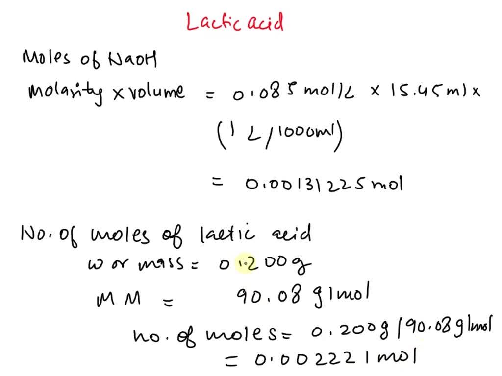 SOLVED: Lactic acid, C3H6O3, is the acid present in sour milk. For a sample of 0.200g of pure ...