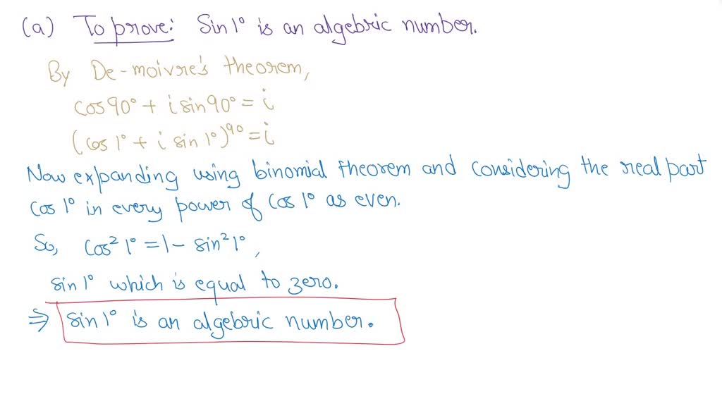 SOLVED: Prove that sin Î¸ is an algebraic number: From part 5, prove ...