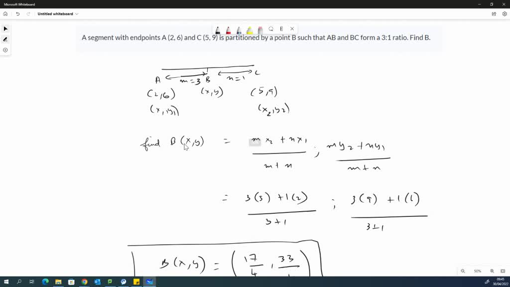 SOLVED: A segment with endpoints A (2, 6) and C (5, 9) is partitioned by a point B such that AB ...