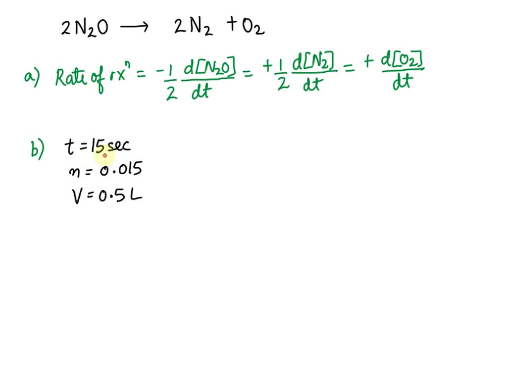 SOLVED: Consider the reaction:2 N2O(g) > 2 N2(g) + O2(g) a. Express the ...