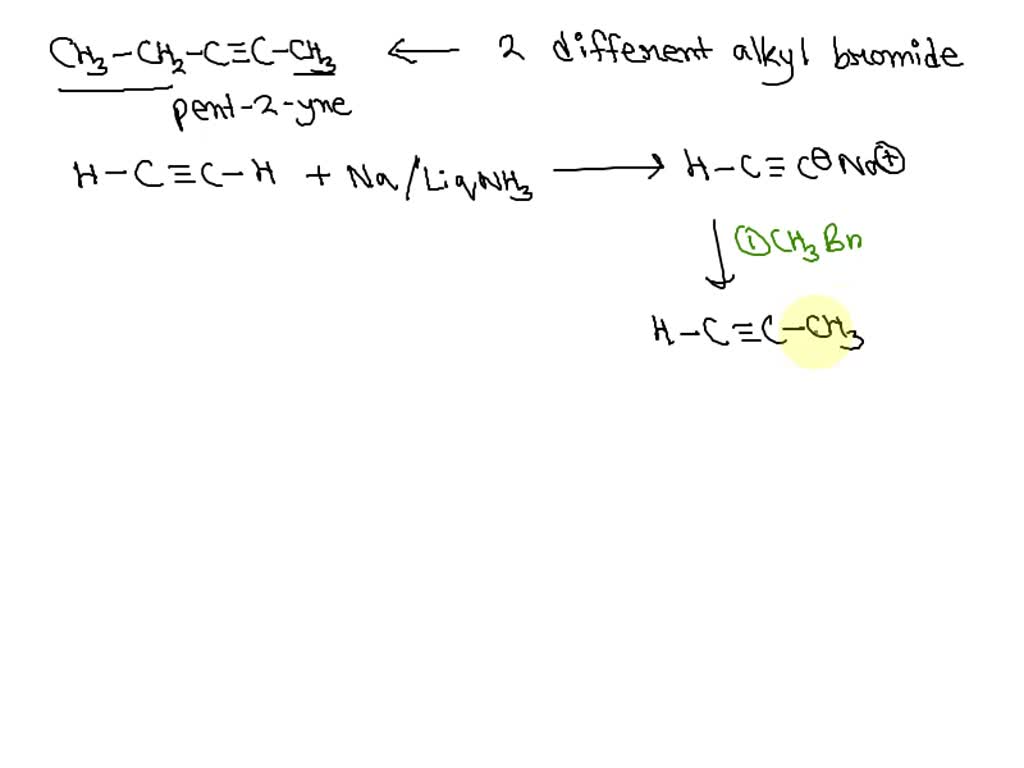 SOLVED: (SYN) Show how pent-2-yne can be made from two different alkyl bromides.