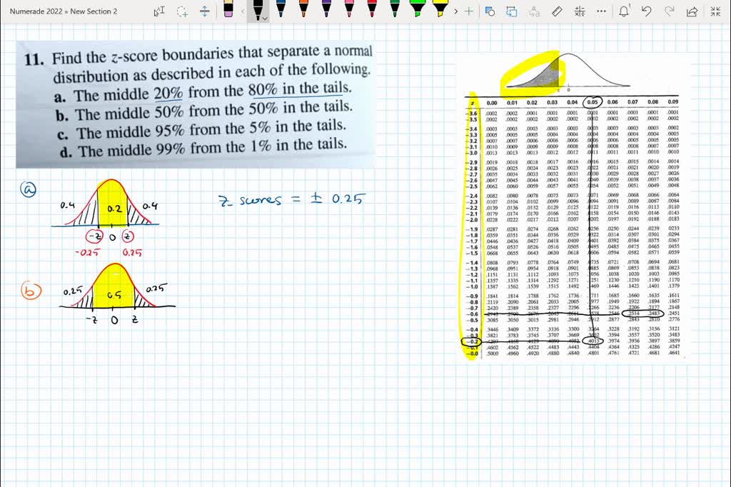 SOLVED: 11, Find the z-score boundaries that separate normal distribution as described in each ...