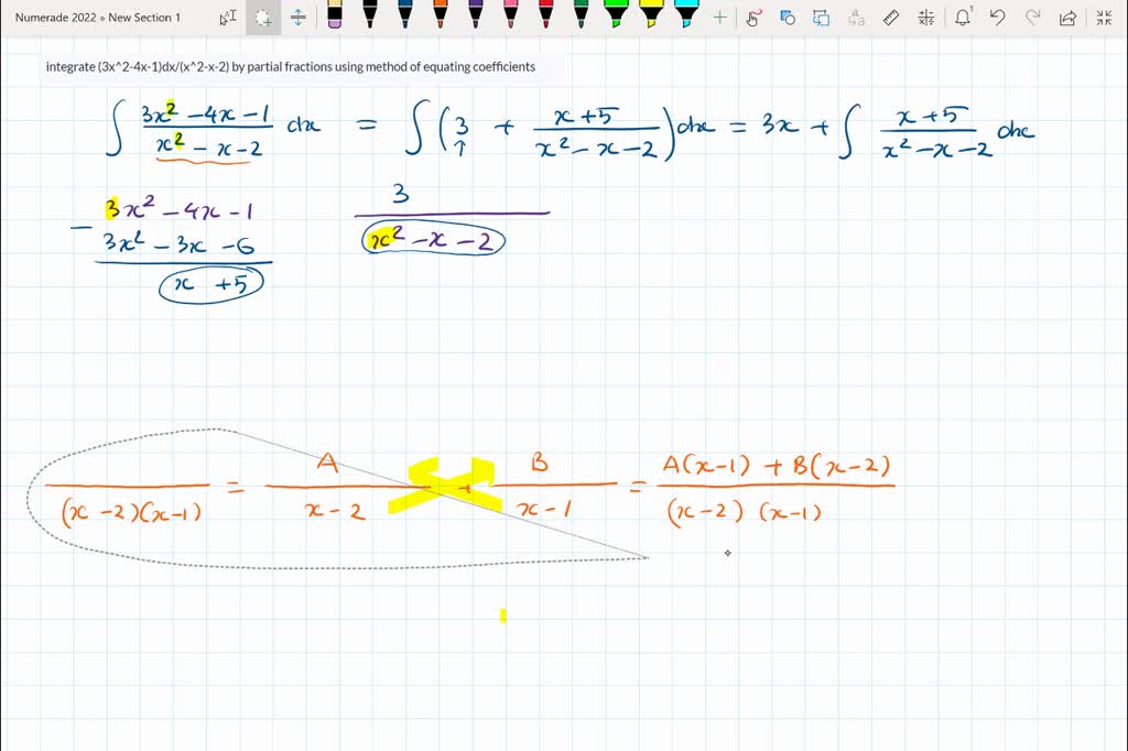 SOLVED: integrate (3x^2-4x-1)dx/(x^2-x-2) by partial fractions using ...