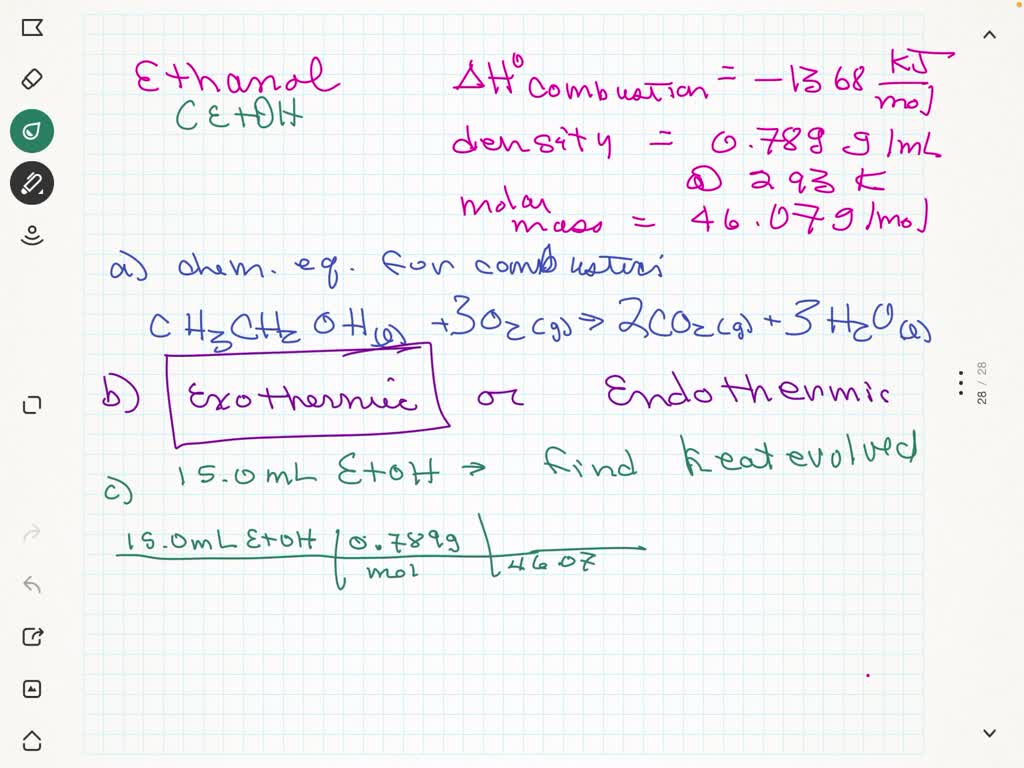 SOLVED: 4. The enthalpy of combustion of ethanol, CH3CH2OH, is -1368 kJ ...
