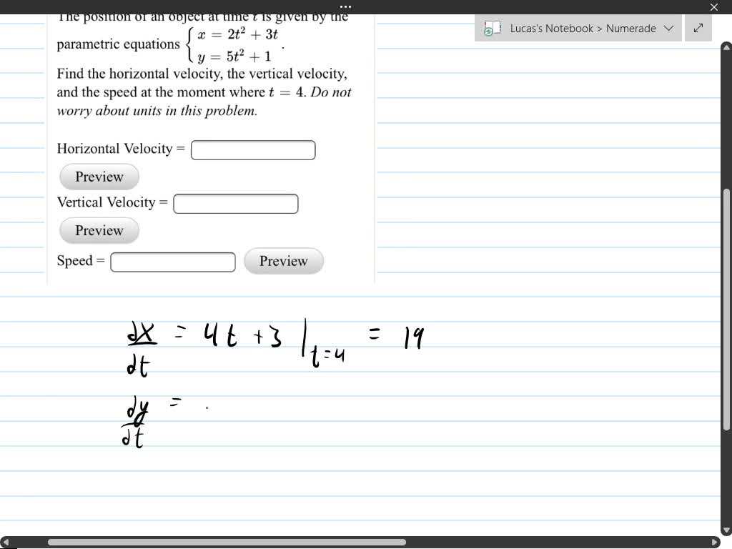 SOLVED: The position of an object at time t is given by the parametric equations I = 5t2 + 3t Y ...