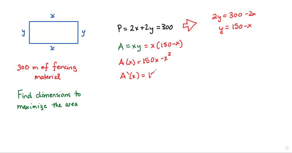 SOLVED: Area Find the dimensions of the rectangular field of maximum ...