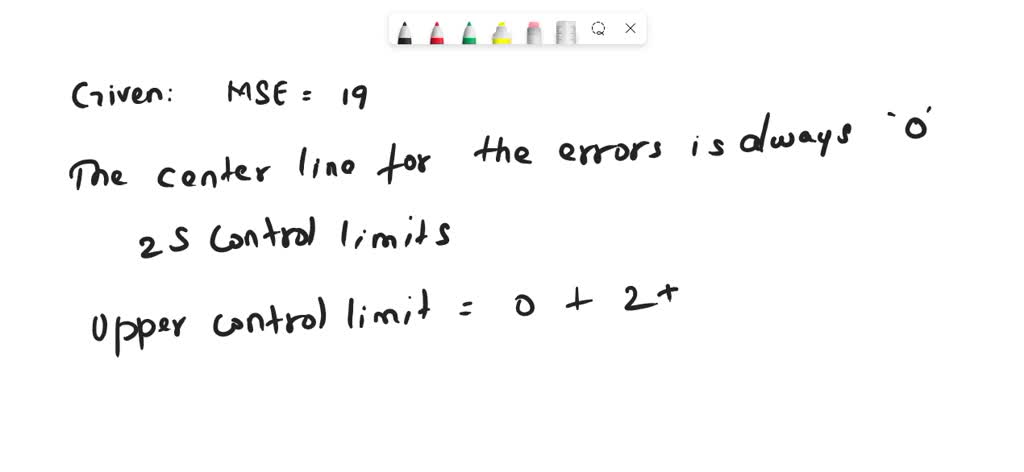 Compute the center line and 2s control limits for forecast errors when the MSE is 19. (Round all ...