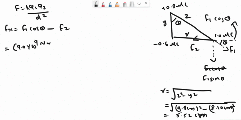 Three point charges are fixed in place in a right triangle...