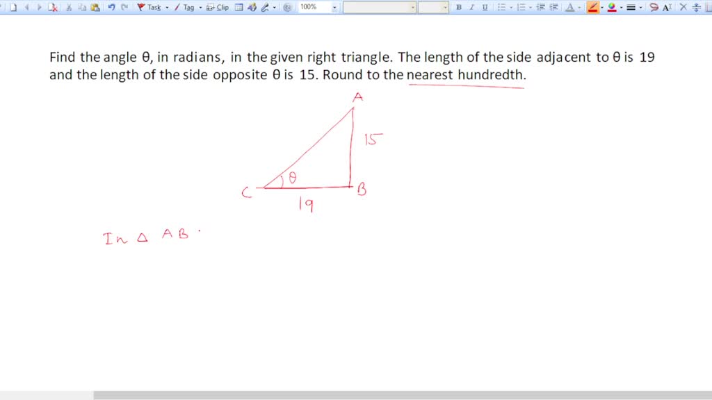 Find the angle θ, in radians, in the given right triangle. The length of the side adjacent to θ ...