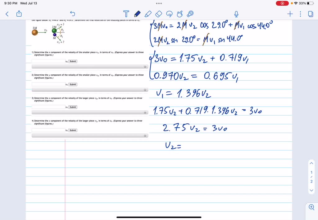 SOLVED: An object of mass 3M, moving in the +x direction at speed V0, breaks into two pieces of ...