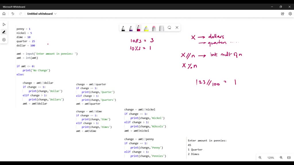 Write a program with the total change amount in pennies as an integer input, and output the ...