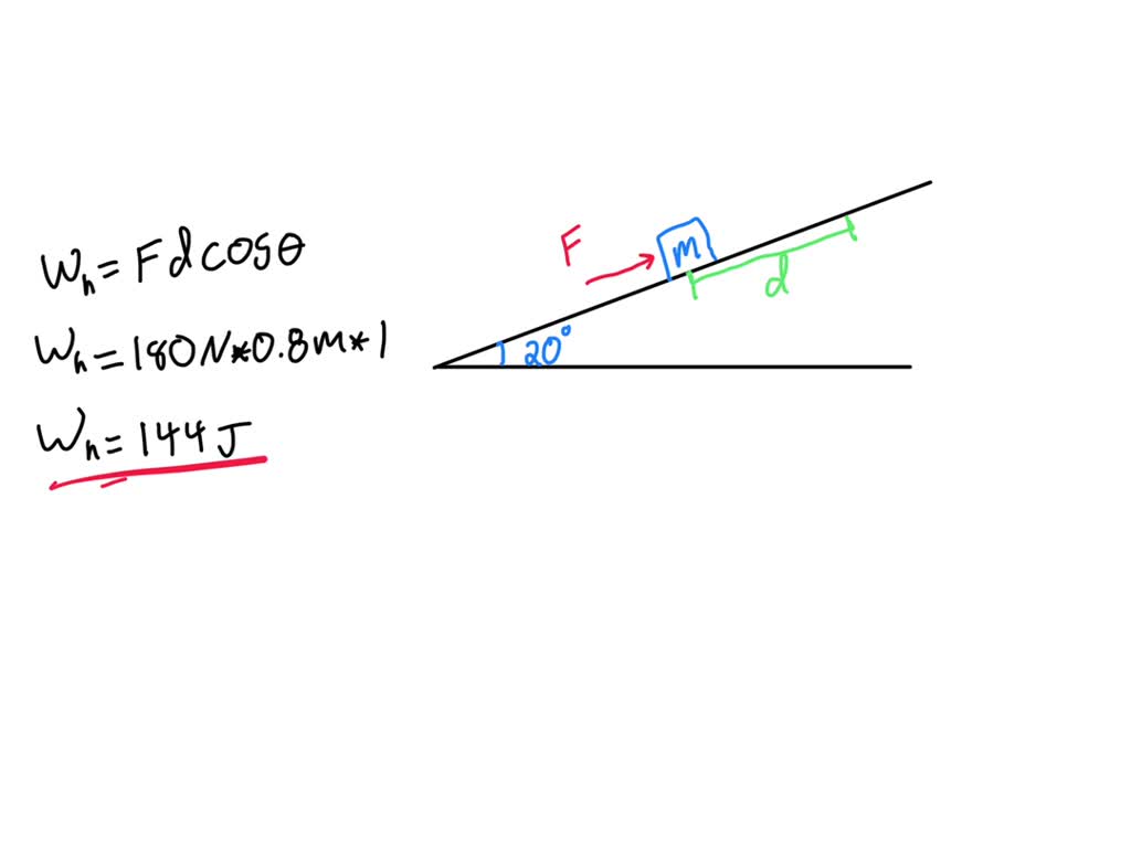 SOLVED: You push a 50 kg mass up a 20 degree ramp with a force of 180 N ...