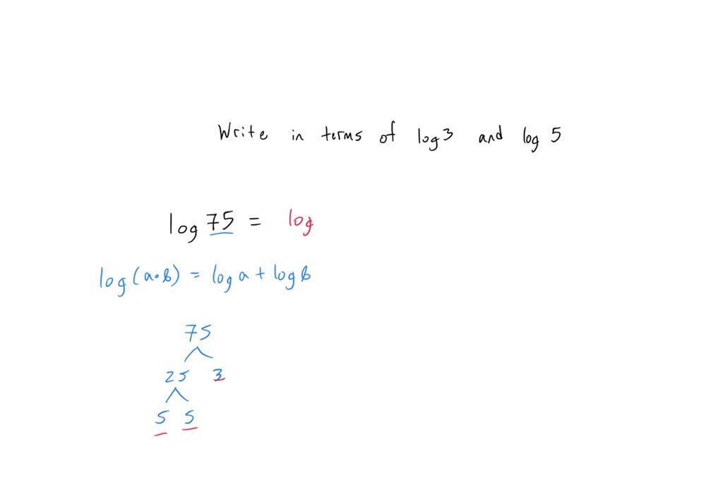 SOLVED: Write the given logarithm in terms of log 3 and log 5 log 75