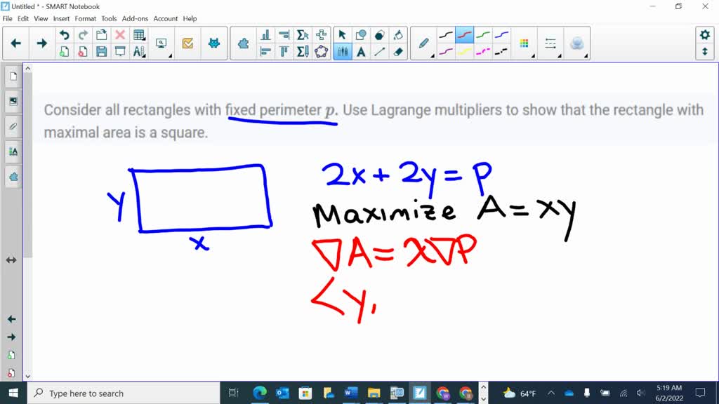 SOLVED: Consider all rectangles with fixed perimeter p . Use Lagrange multipliers to show that ...