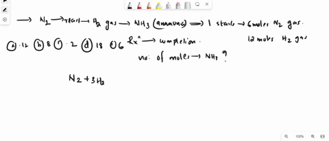 Nitrogen gas (N2) can react with hydrogen gas (H2) to...