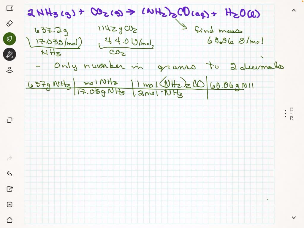 SOLVED: 2NH3 (g) + CO2 (g) (NH2) 2C0 (aq) + H2O (1) In the process, 637 ...
