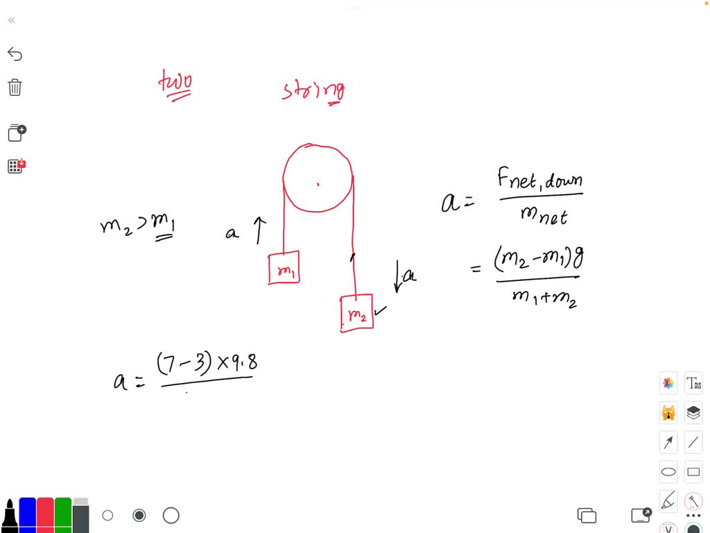 SOLVED: Atwood's machine has two masses attached by a string suspended over a pulley. If m1 = 3. ...