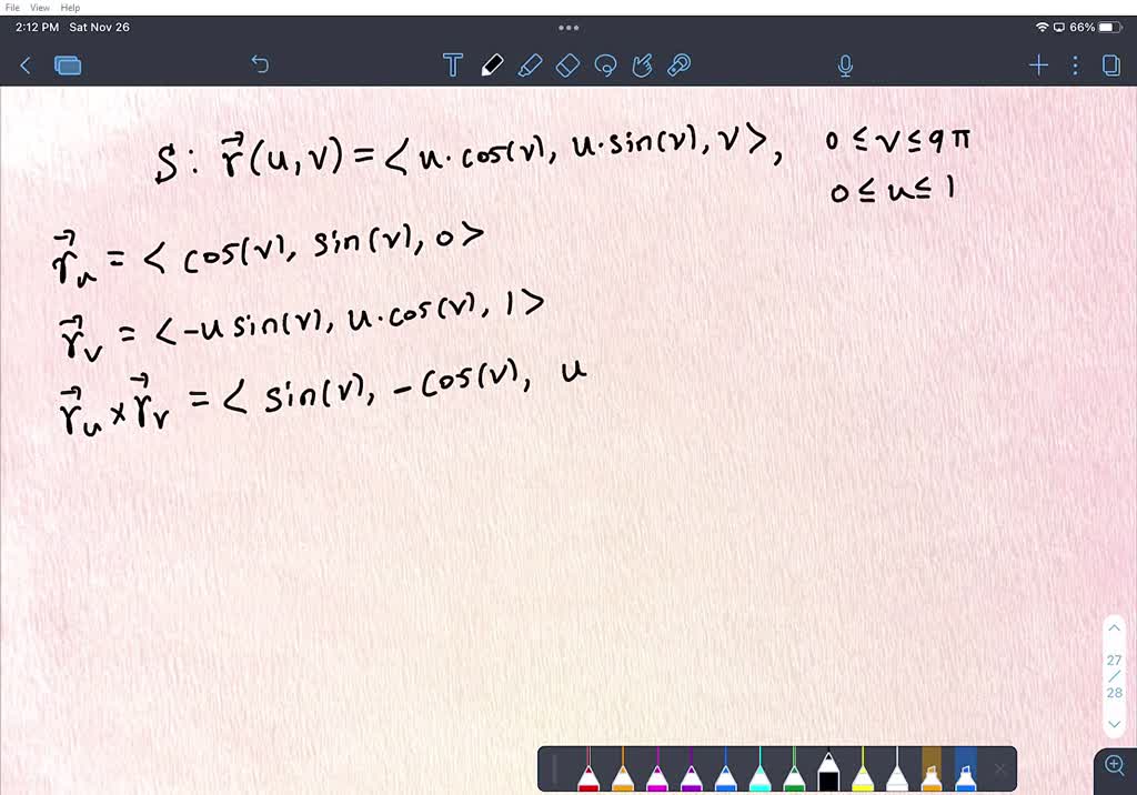 SOLVED: point) The vector equation r (u,v) = u cOS vi + u sin vj + vk, 0