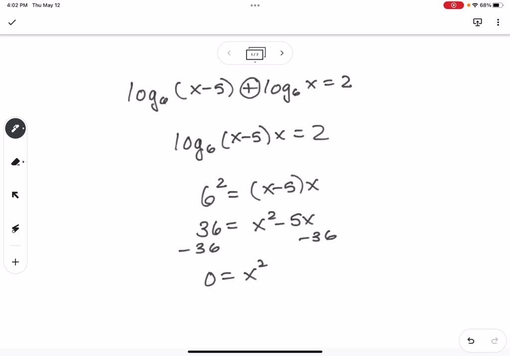 SOLVED: Solve for x: log6(x - 5) + log6(x) = 2