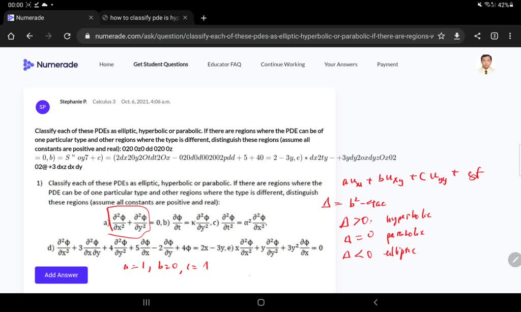 SOLVED: Classify each of these PDEs as elliptic, hyperbolic or ...