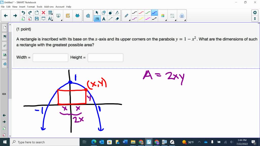 SOLVED: point) rectangle is inscribed with its base on the x-axis and its upper corners on the ...