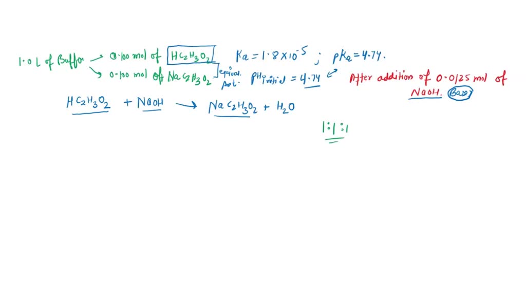 SOLVED: A 1.0 L buffer solution contains 0.100 mol HC2H3O2 and 0.100 mol NaC2H3O2. The value of ...