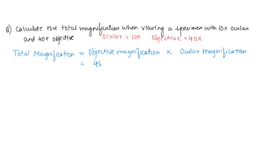 SOLVED: Calculate the total magnification when viewing a specimen with 10X oculars and a 40X ...