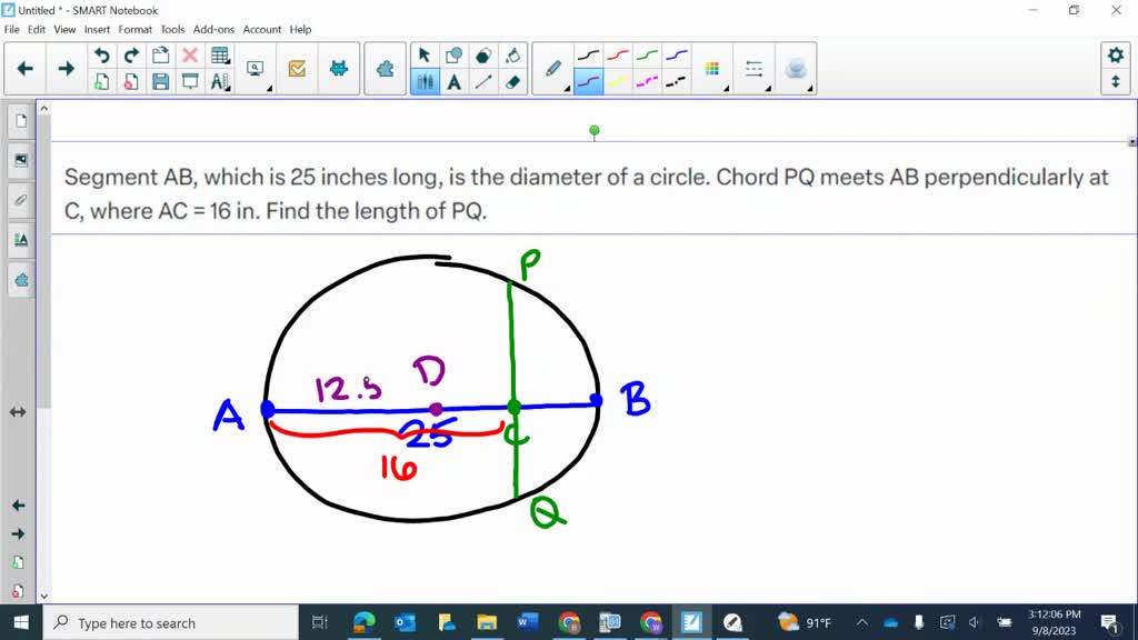 SOLVED: Segment AB, which is 25 inches long, is the diameter of a circle. Chord PQ meets AB ...