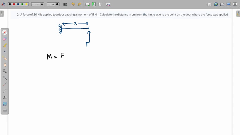 SOLVED: A force of 20 N is applied to a door, causing a moment of 5 Nm ...