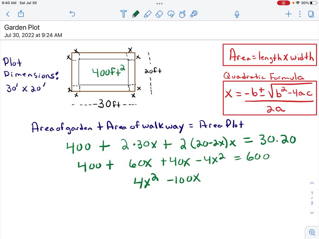 SOLVED: A gardener has a 30 foot by 20 foot rectangular plot of ground ...