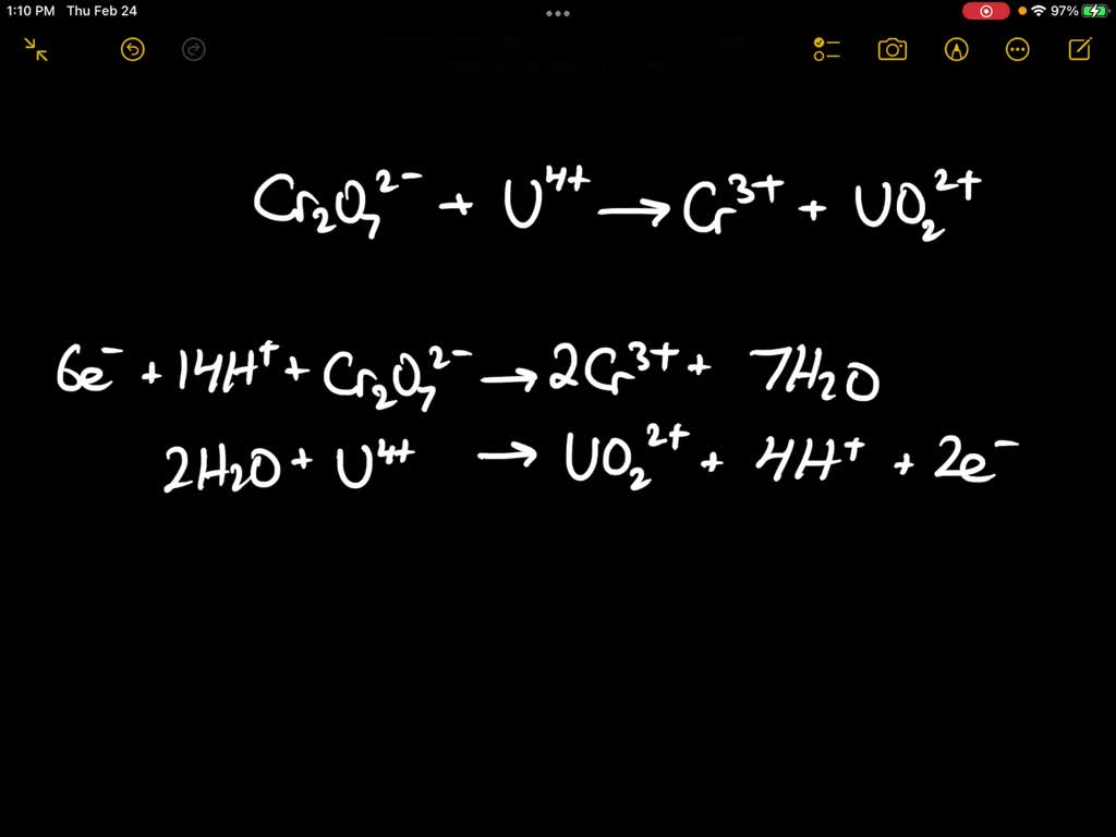 SOLVED: Consider the reaction Cr2O7^2- + U4+ -> Cr3+ + UO2^2+. Balance ...