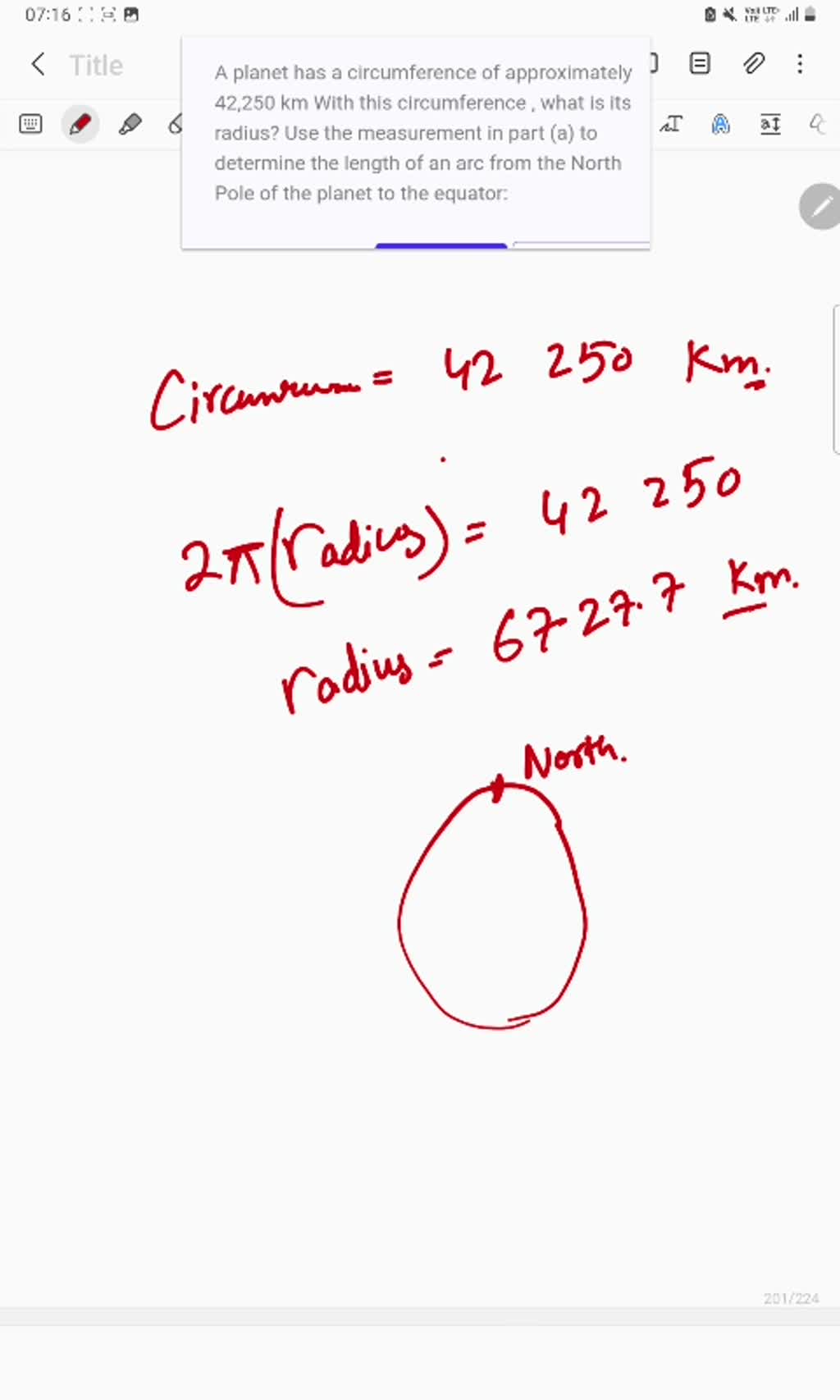 A planet has a circumference of approximately 42,250 km With this ...
