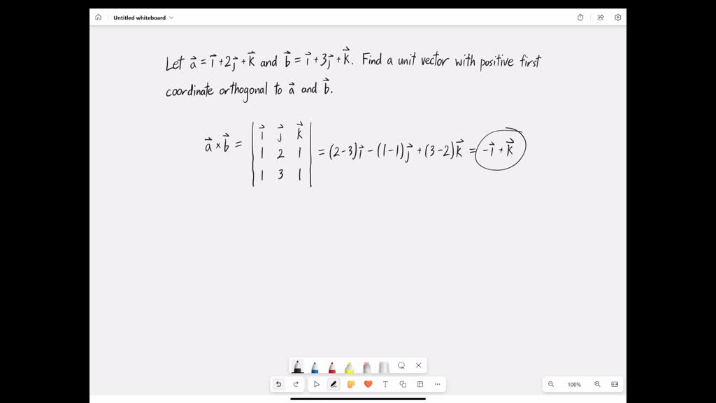 SOLVED: If 𝐚=𝐢+2 𝐣+𝐤 and 𝐛=𝐢+3 𝐣+𝐤, find a unit vector with positive ...